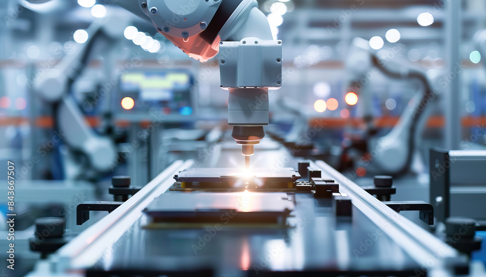 Automated manufacturing production line with robot arms producing AI ...