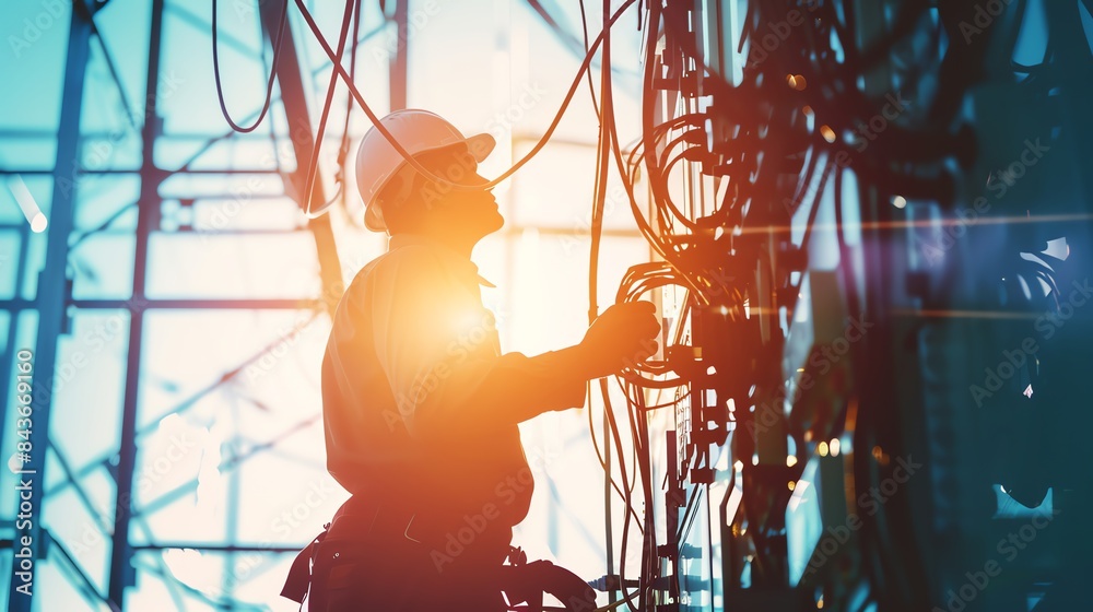 Silhouette of an electrician wearing a hard hat working on electrical ...