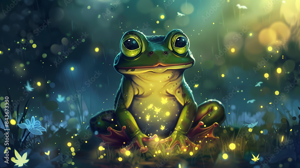 A cute cartoon illustration of an adorable green frog with glowing eyes ...