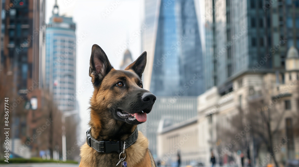 The portrait of a police dog against the background of a crowded urban ...