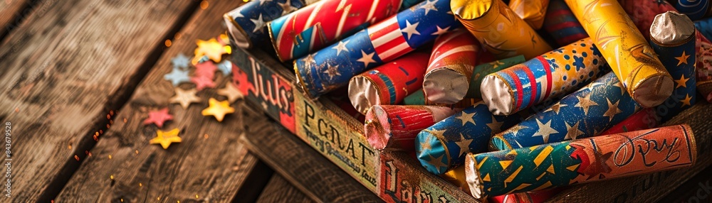 Assorted fireworks with American flag patterns, packed in a crate ...