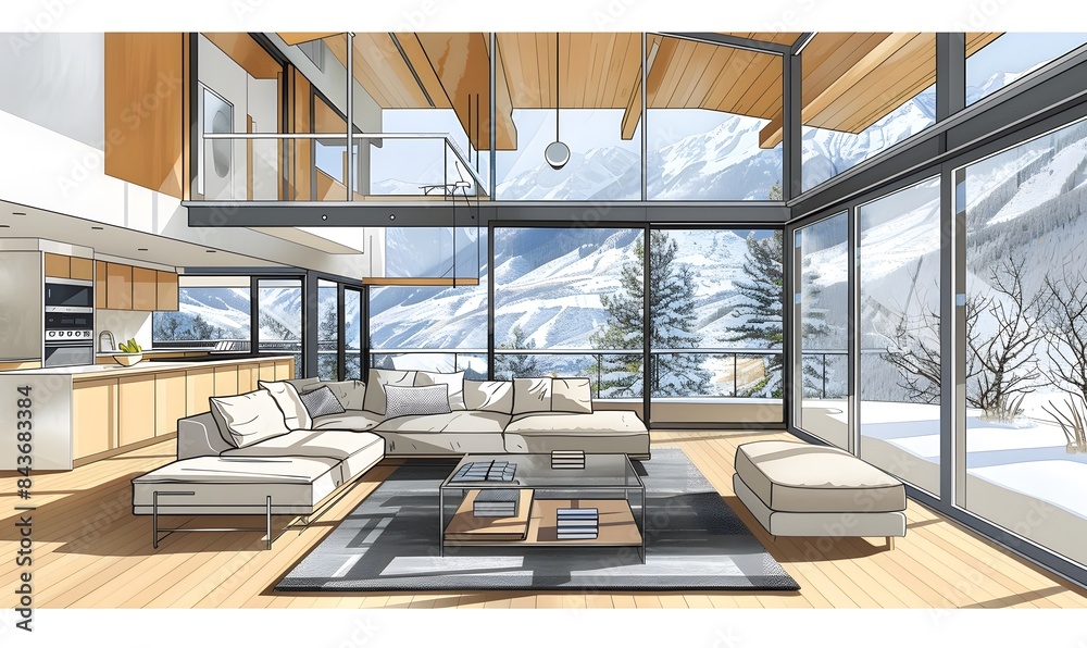 illustrated floor plan of the empty modern home, showcasing the layout ...