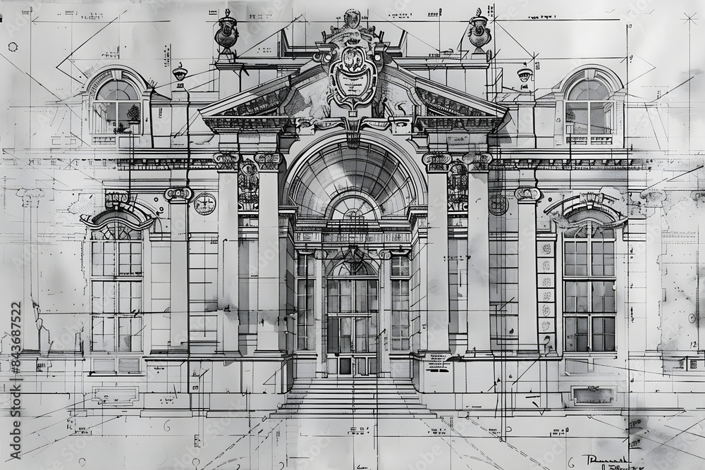 Detailed Blueprints of 18th Century Neoclassical Historical Building ...