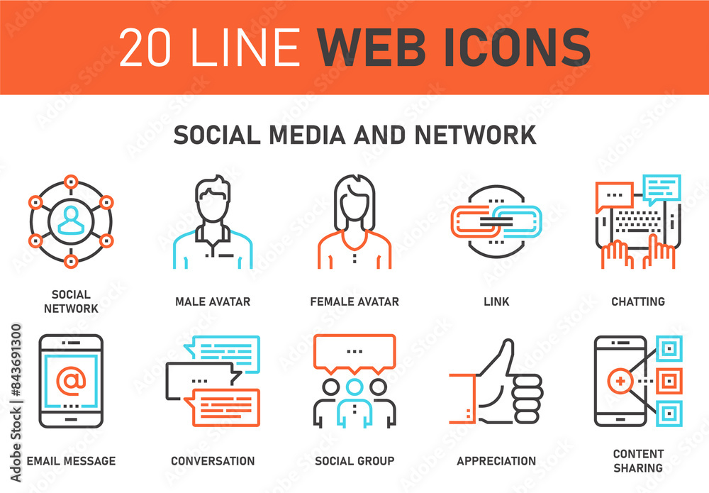 Vector set of social media and network line web icons. Each icon with ...