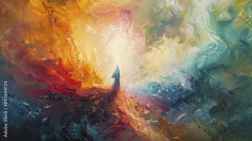 The ethereal descent of a divine figure in a landscape of light and ...