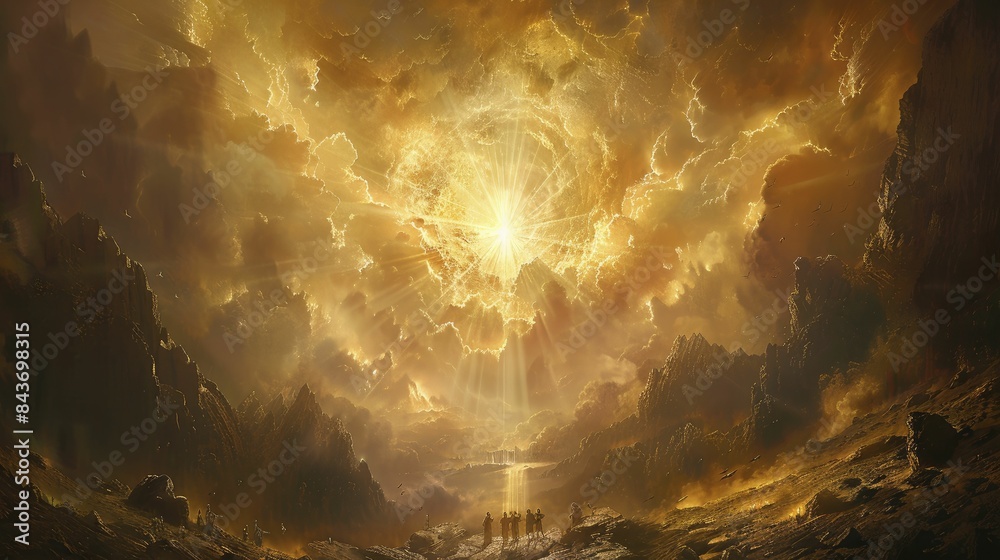 The vivid scene of celestial beings descending upon a golden landscape ...