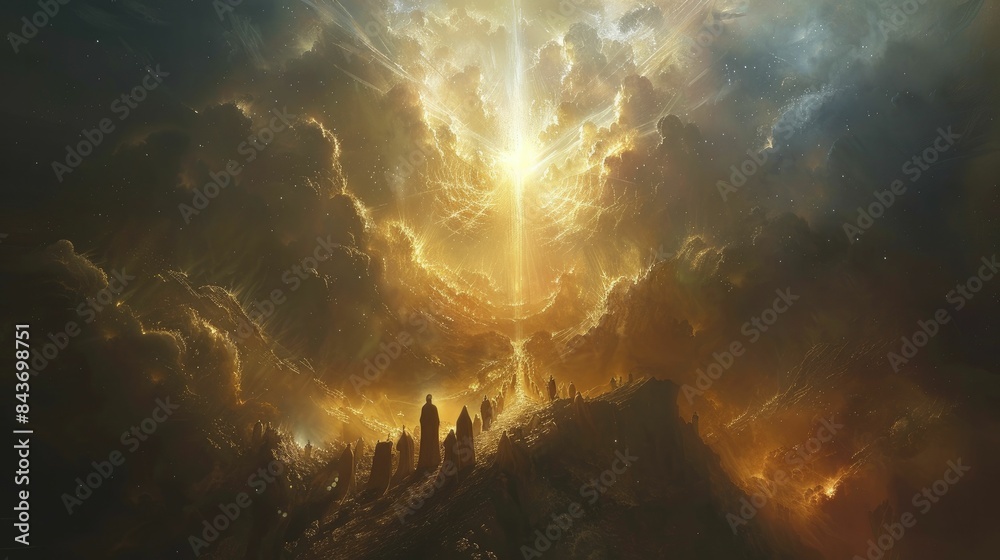 A radiant celestial scene where figures gather in awe, illuminated by ...