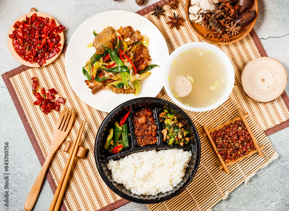 twice cooked pork, mice meat, white rice, soup with red chilli ...