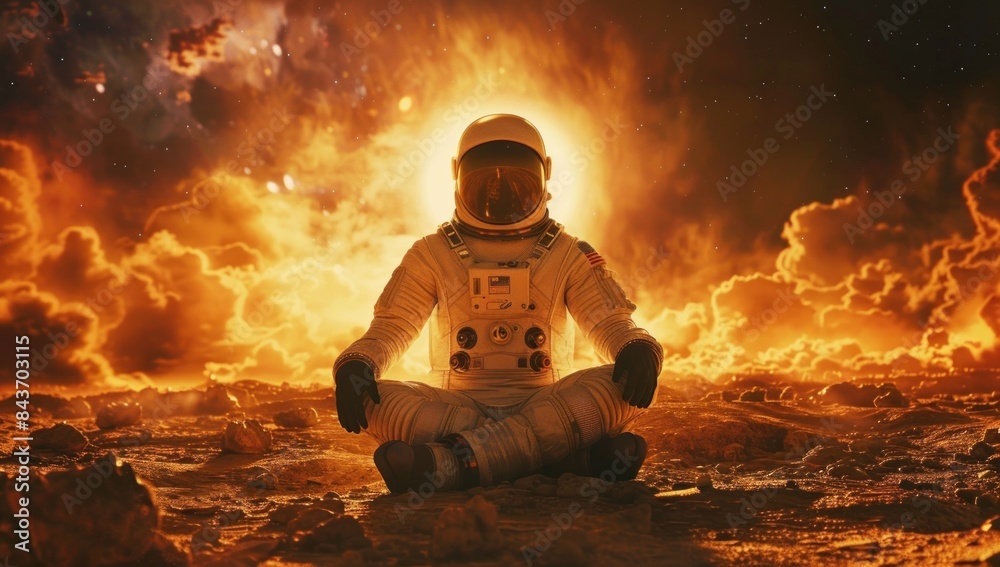 The astronaut sits cross-legged on the ground, meditating beneath the ...