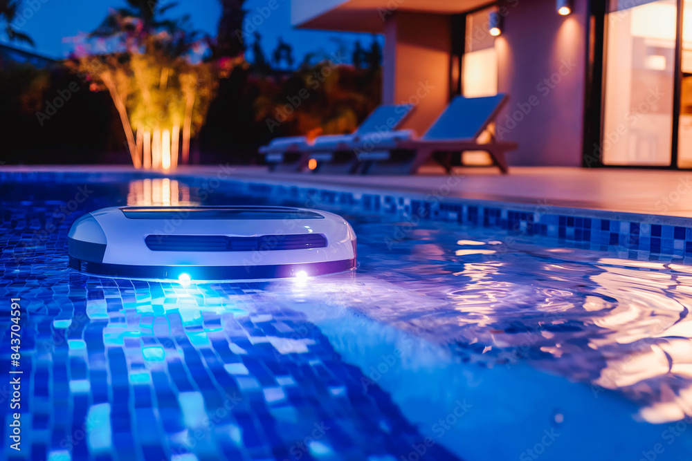 High-tech autonomous pool cleaner robot operates at night, with its ...
