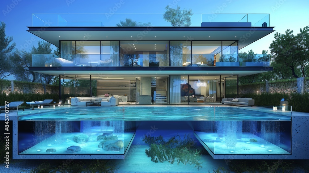 Design a cross-section of a futuristic house with customizable holographic interfaces that allow ...