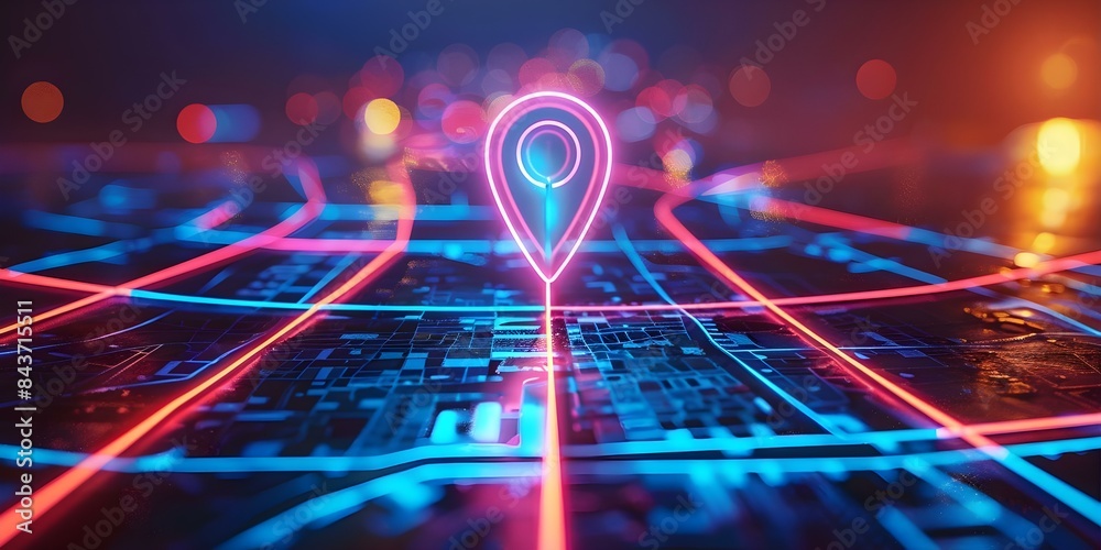 Neon map image with bold lines and location marker digitally created ...