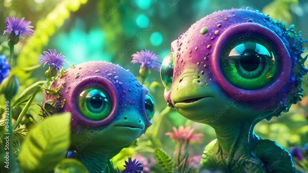 Adorable, friendly green aliens with large eyes surrounded by purple ...