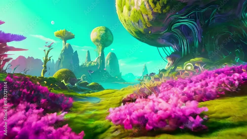 Vibrant alien landscape with giant futuristic trees and colorful ...