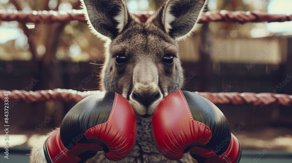 Boxing kangaroo. A kangaroo wearing boxing gloves stands in a boxing ...