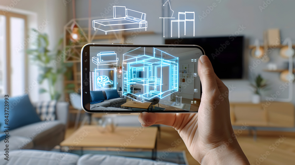 A hand holding an phone with the AR interface open. displaying ...