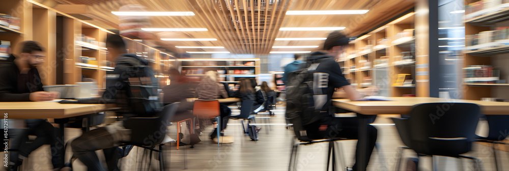 A hazy snapshot captures a library with students studying at their ...