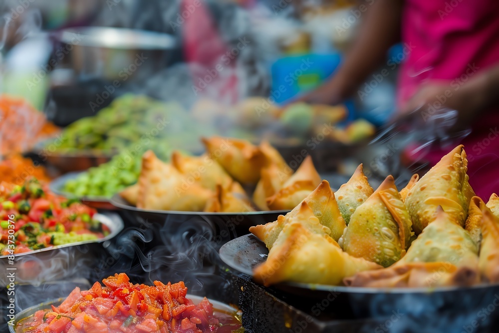 A street food stall in India, featuring freshly made samosas and other ...