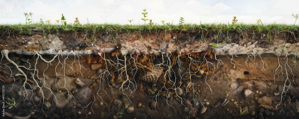 Cutaway view of soil showing the germination process underground, roots ...