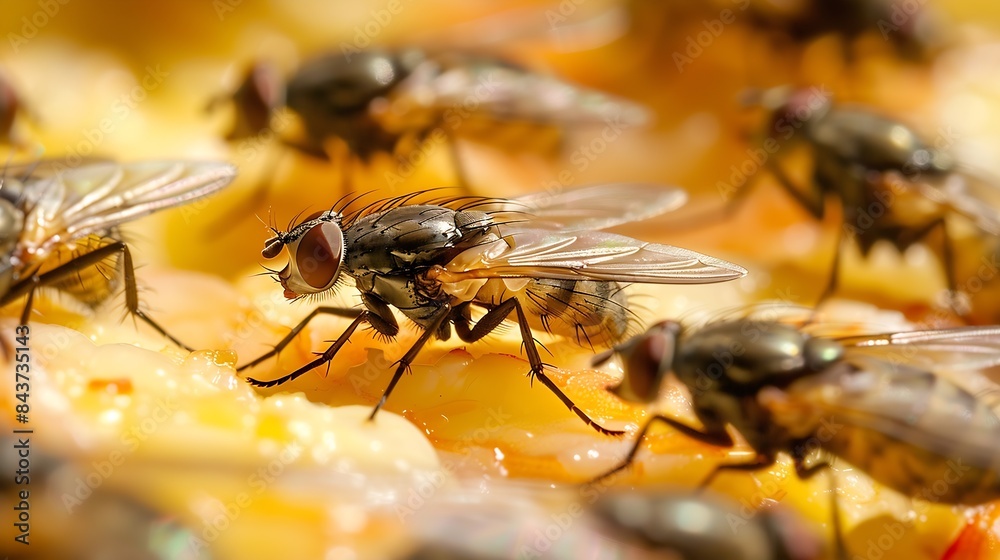 house flies on shrimp the dirty food contamination hygiene concept fly ...