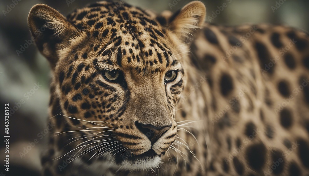 A close-up of a leopard's face with large brown eyes and its mouth ...