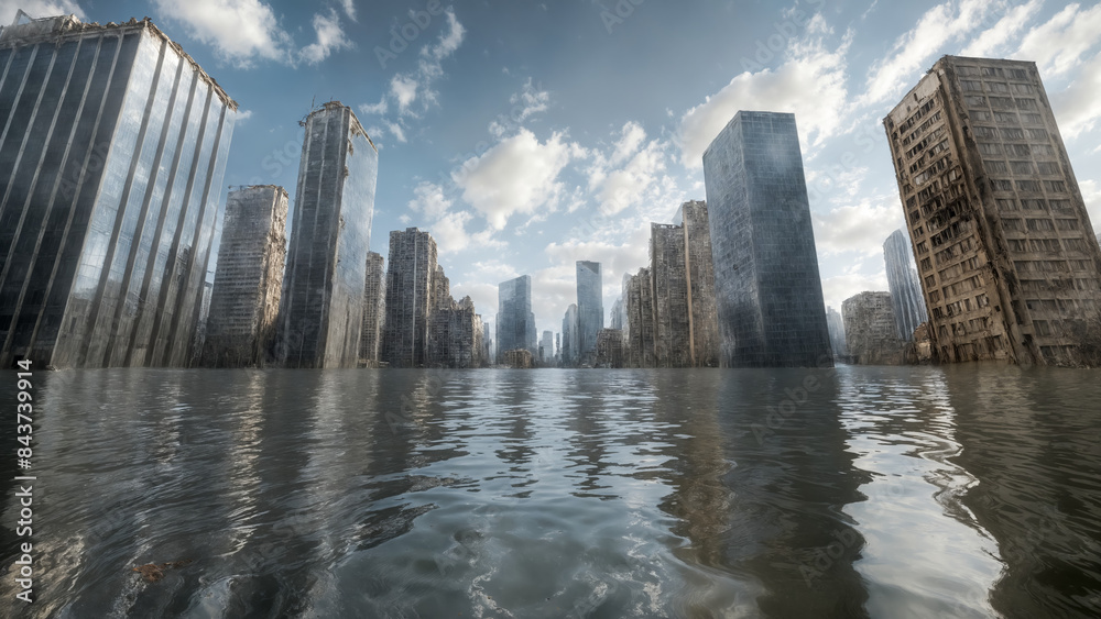 Flooded city, post-apocalyptic cityscape with abandoned, partially ...