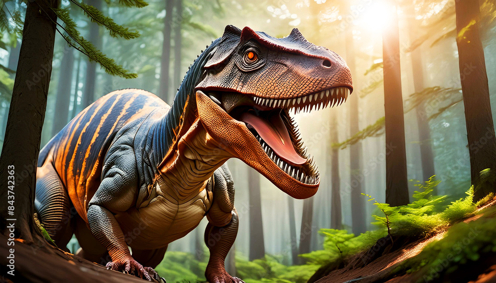Close-up and bottom view of a carnivorous tyrannosaurus rex dinosaur in ...