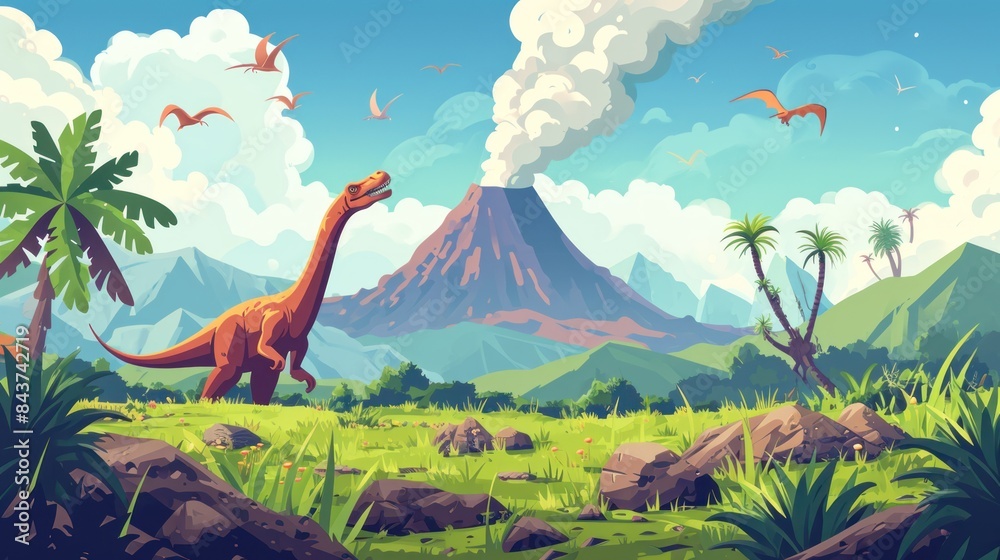 Vector illustration of prehistoric theme with dinosaurs jungle volcano ...