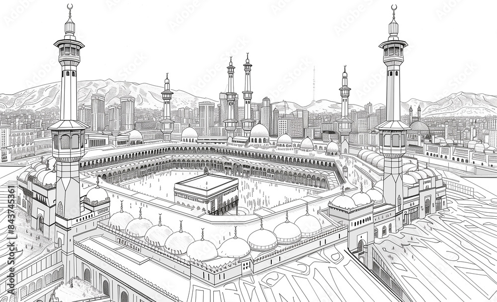 Detailed Line Art of Masjid al-Haram in Mecca, Ideal for Religious ...