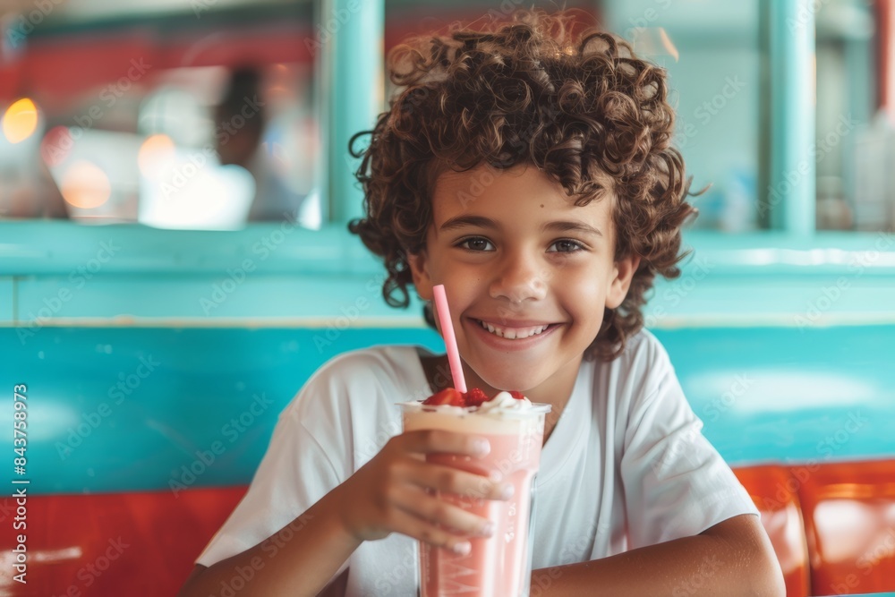 Cute diverse boy smiling with curly hair with vanilla milkshake drink ...