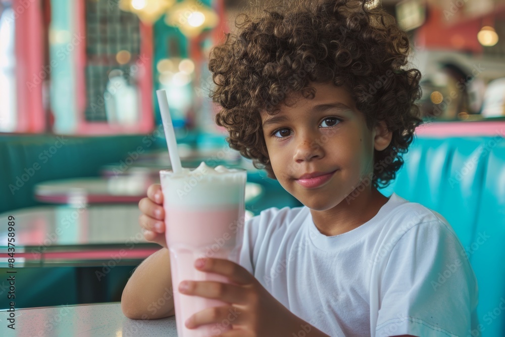 Cute diverse boy with curly hair with vanilla milkshake drink with ...