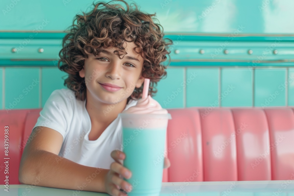 Cute boy with curly hair with vanilla milkshake drink with straw. Kid ...