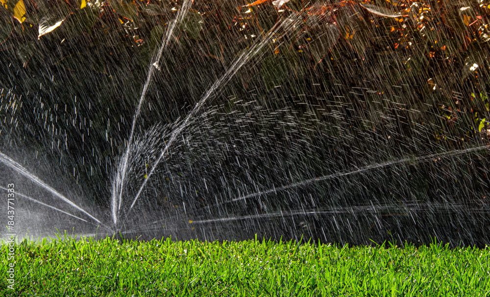 Irrigation system on backyard, automatic watering process in a garden ...
