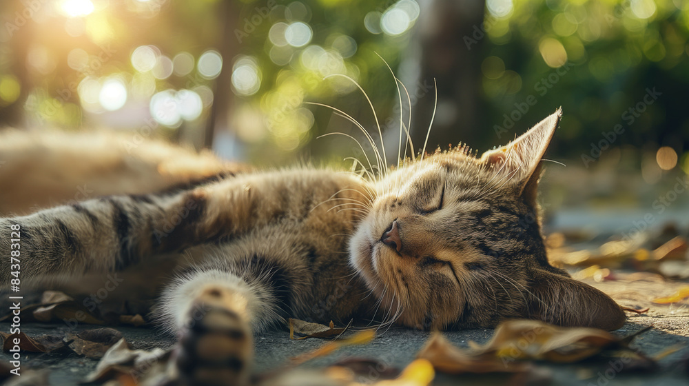 Katze liegt faul in der Sonne auf der Straße wie tot und chillt sehlig ...