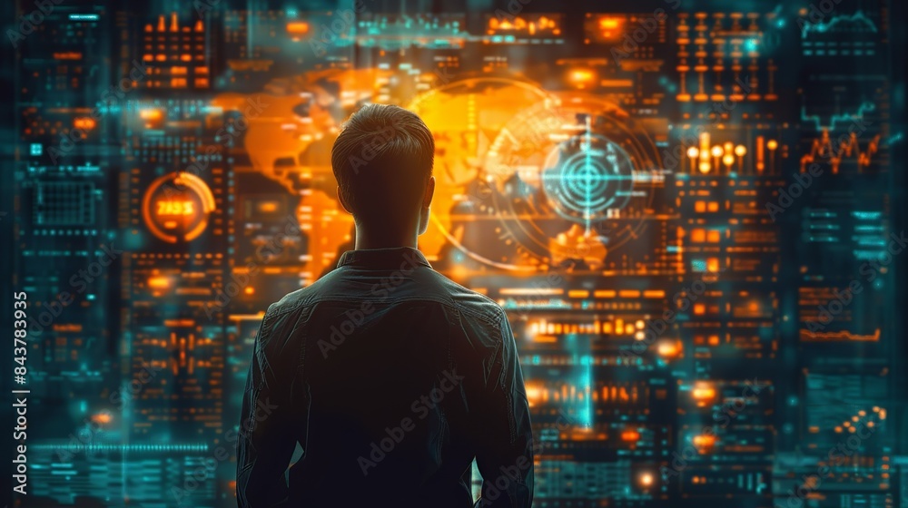 An entrepreneur looking at a digital projection of a roadmap, with ...