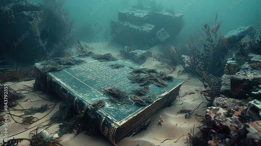 Ancient underwater ruins covered in seaweed and sand, revealing ...