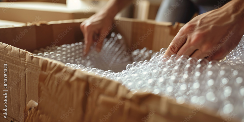 Close-up of people packing a moving box with bubble-wrapped items, high ...