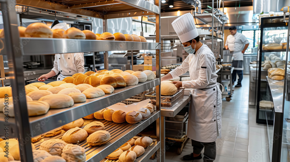 A photo of an interior kitchen in the bakery, showing people working on ...