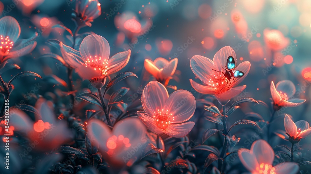 A cybernetic garden with mechanical plants that bloom with glowing ...