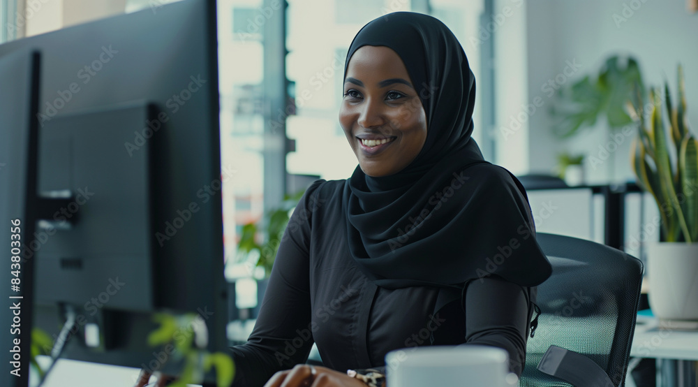 Happy black hijabi woman working on desktop computer in creative office ...