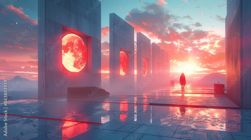 A futuristic art gallery with holographic displays, interactive ...