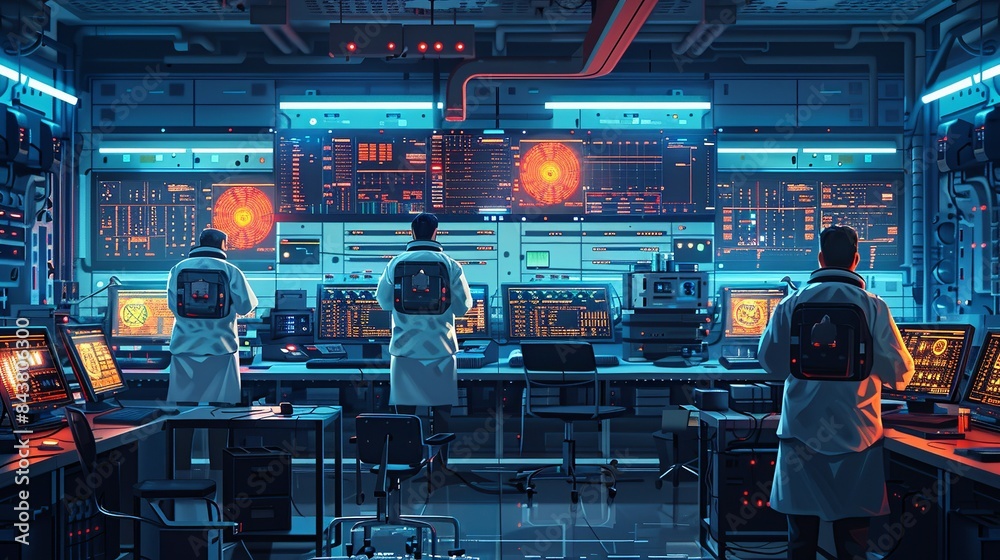 A high-tech laboratory in a futuristic setting, filled with advanced ...