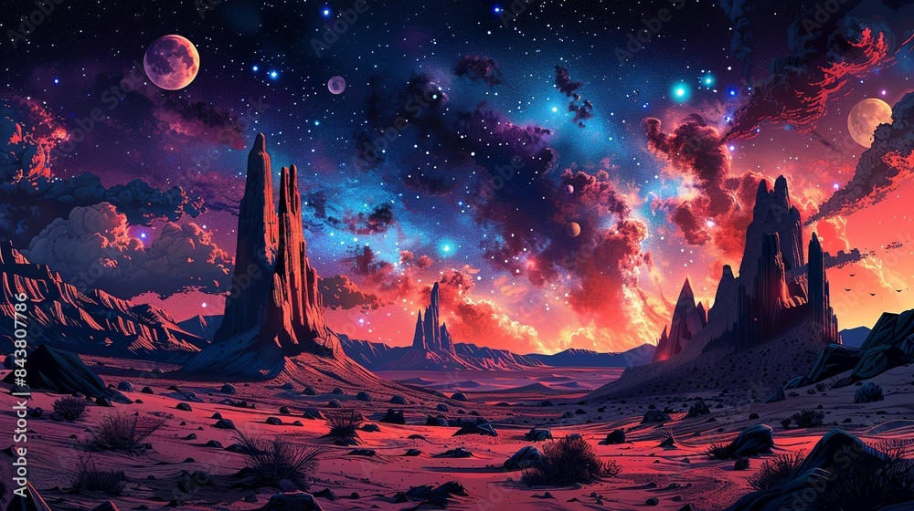 An alien desert landscape with towering crystalline formations ...