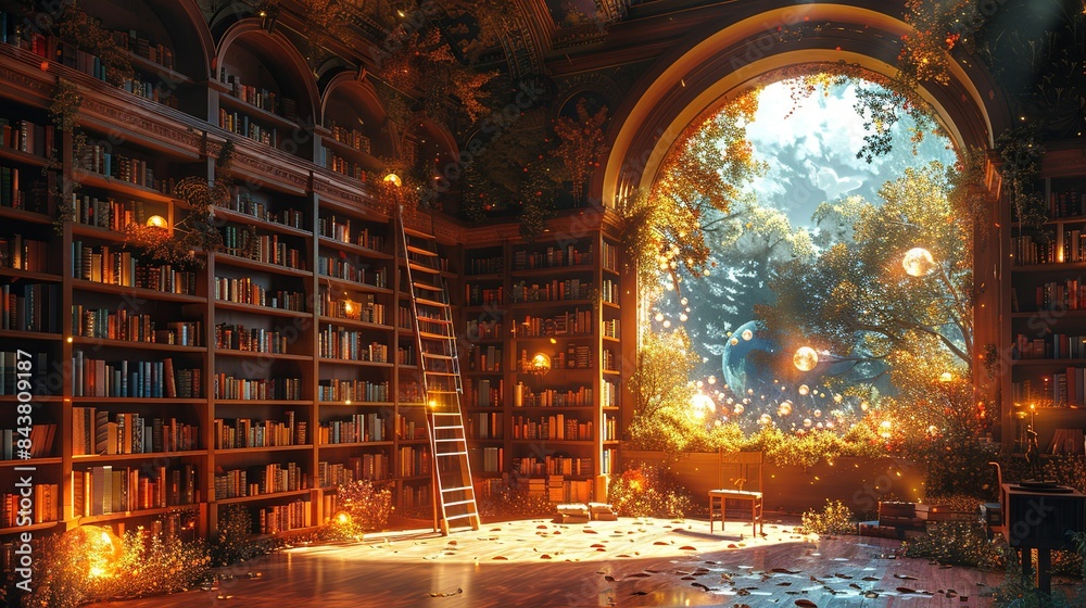 An enchanted library with towering bookshelves that reach the ceiling ...