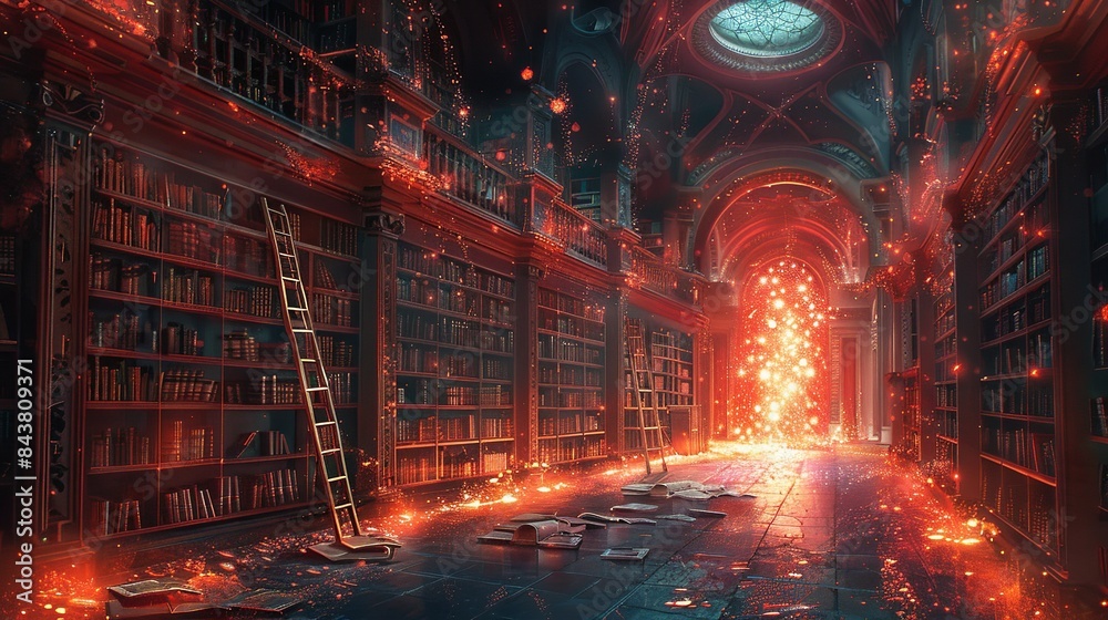 An enchanted library with towering bookshelves that reach the ceiling ...