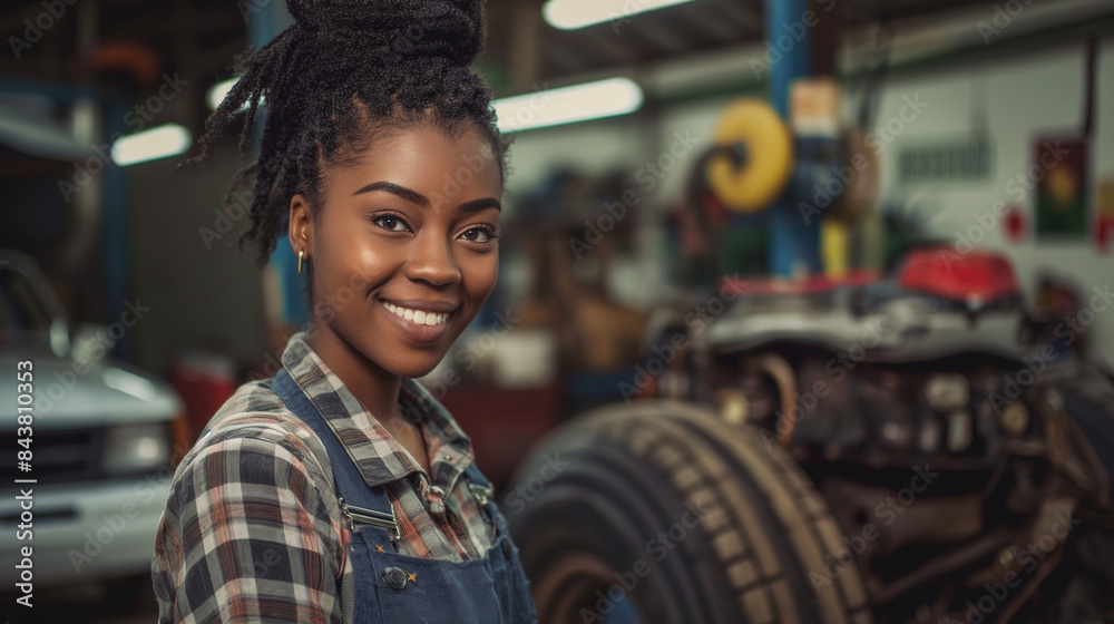 Confident female auto mechanic posing in professional uniform at busy ...