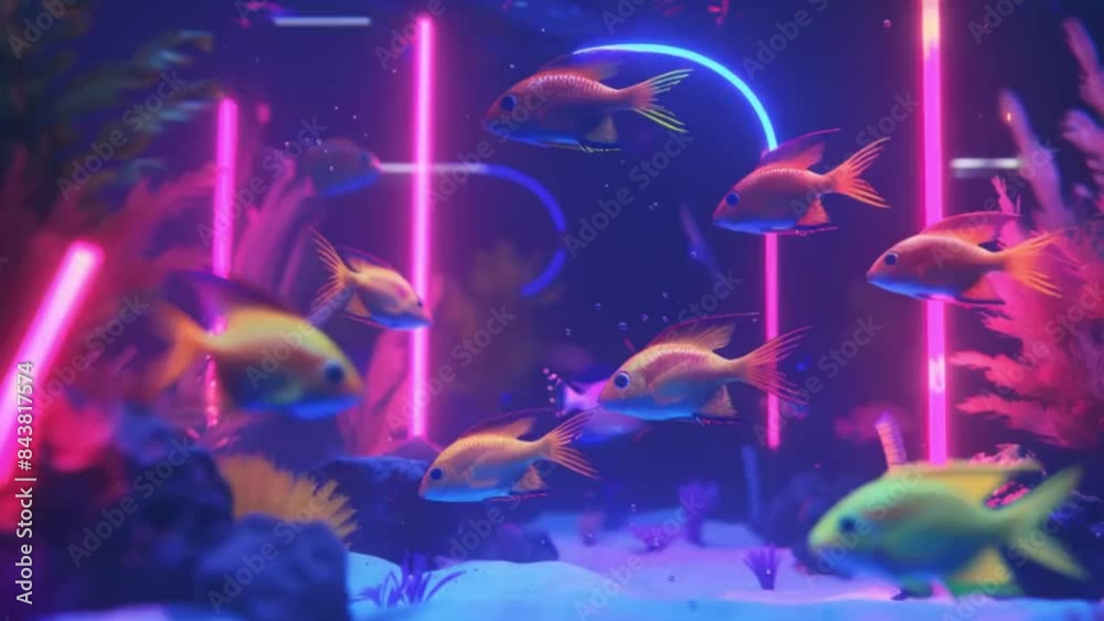 An animation illustrating a high-quality neon aquarium. It shows exotic ...