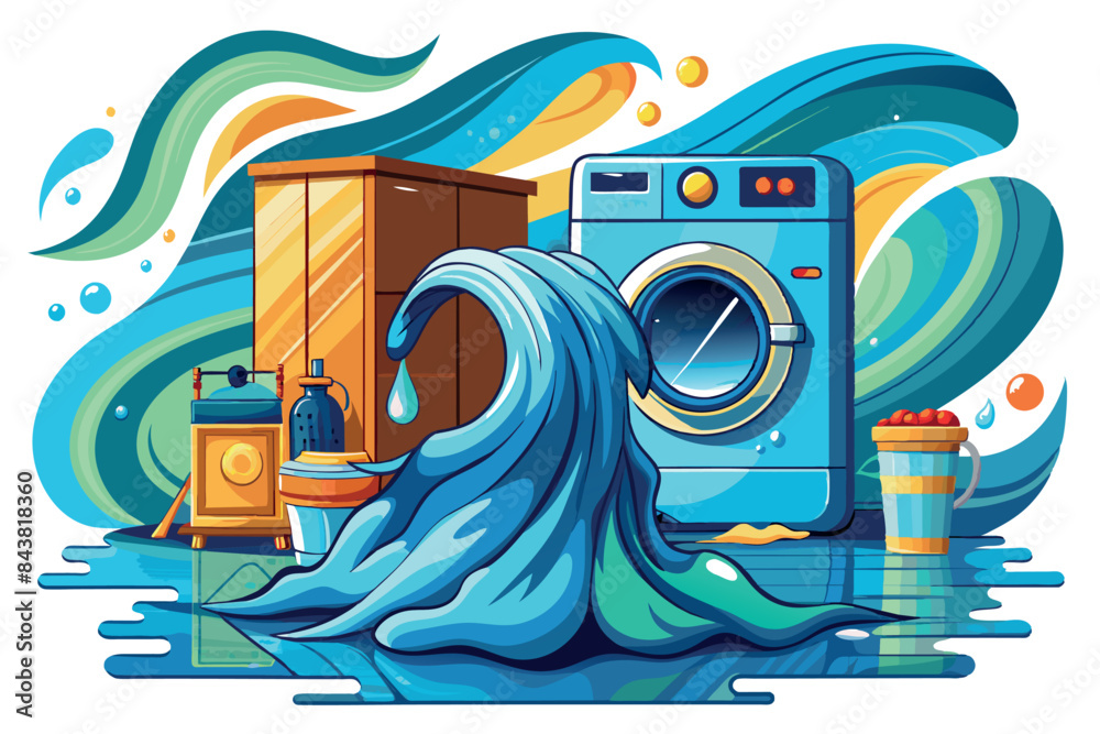The washing machine is overflowing and a large wave of water is pouring ...