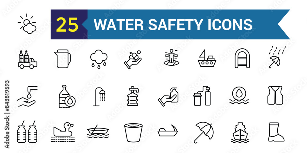 Water safety training icons set outline vector. Beach assistance ...