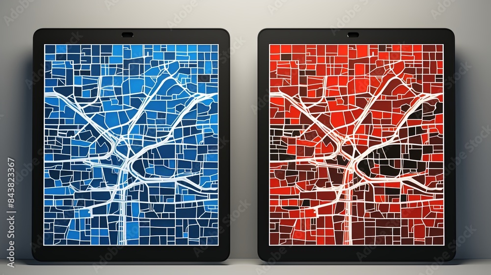 Two tablets with a city map on them. One is blue and the other is red ...